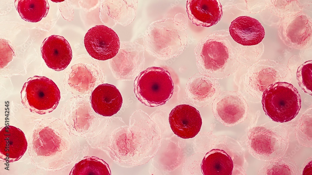 microscope photography, blood smear, individual red blood cells and ...