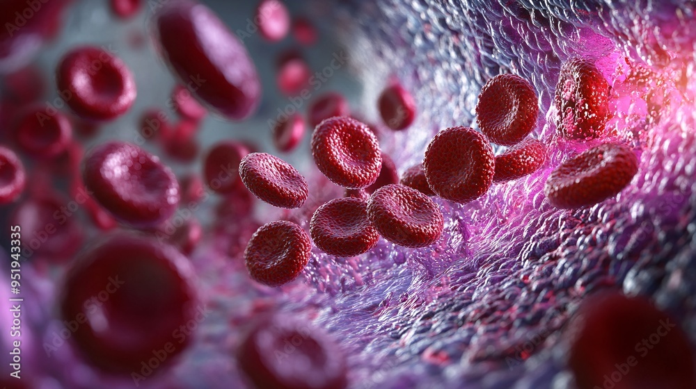 scientific photography, blood flow in a capillary, red blood cells ...