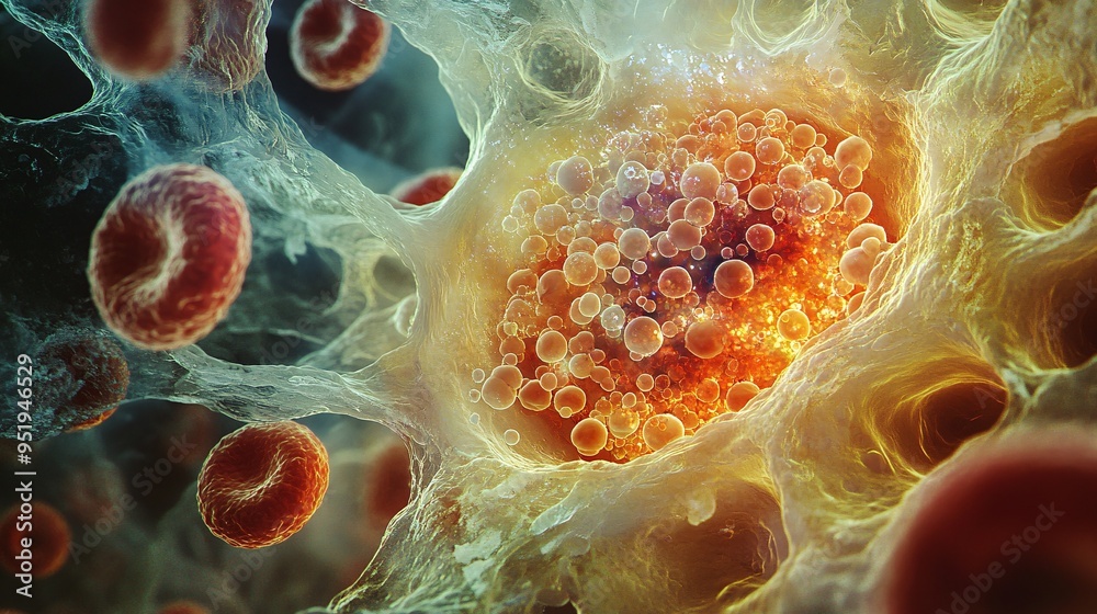 high magnification image, single animal cell, visible nucleus and ...