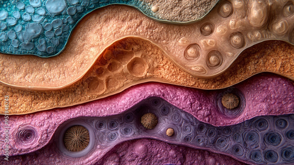 biology research, cross-section of skin tissue, multiple layers of ...