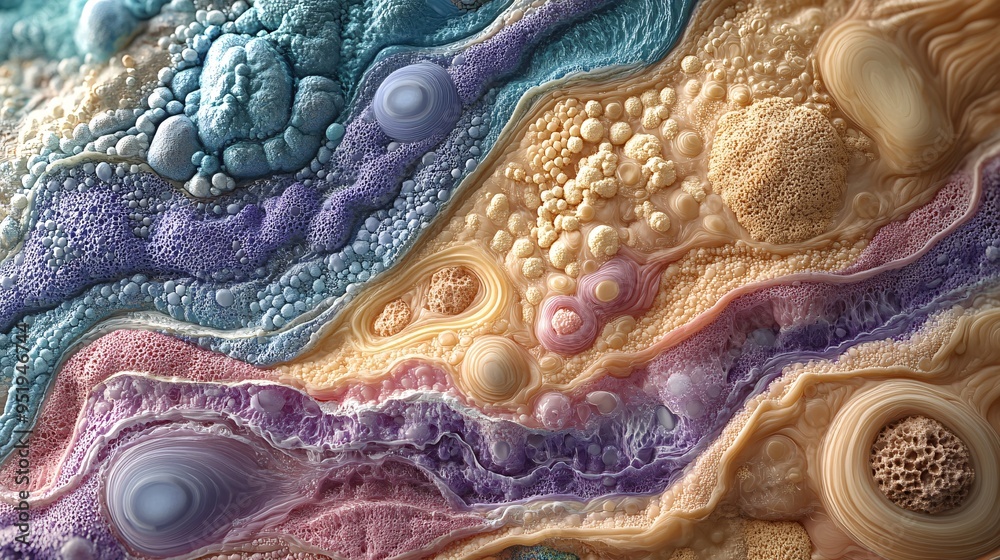 biology research, cross-section of skin tissue, multiple layers of ...
