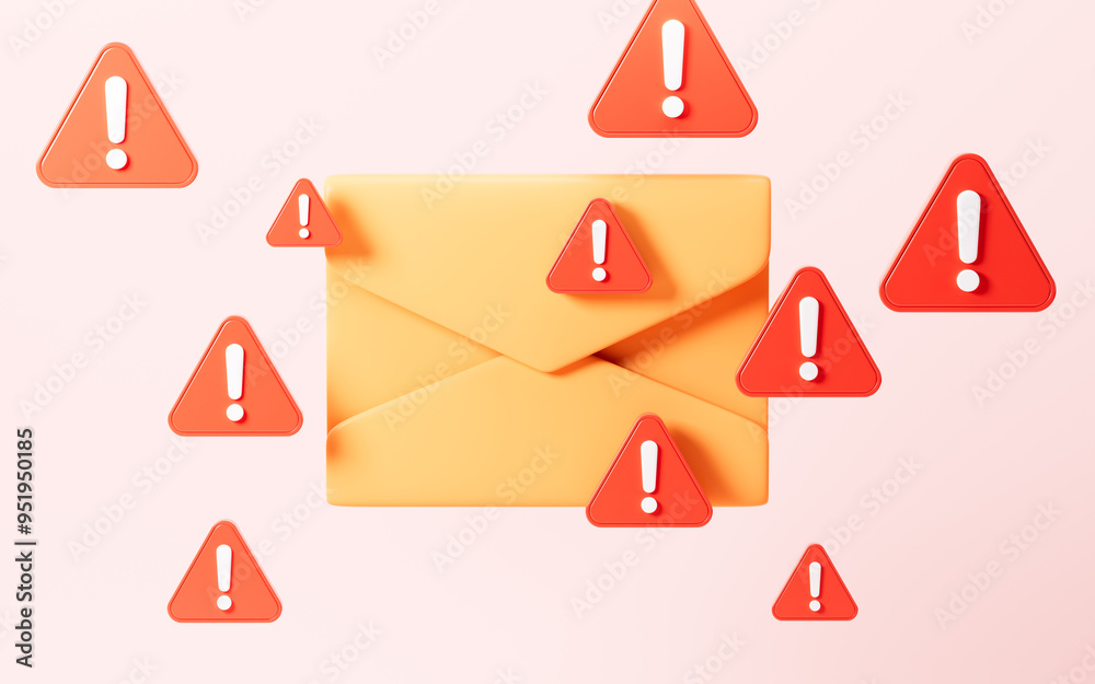 Emails with warning signs, junk mail, important mail, 3d rendering ...