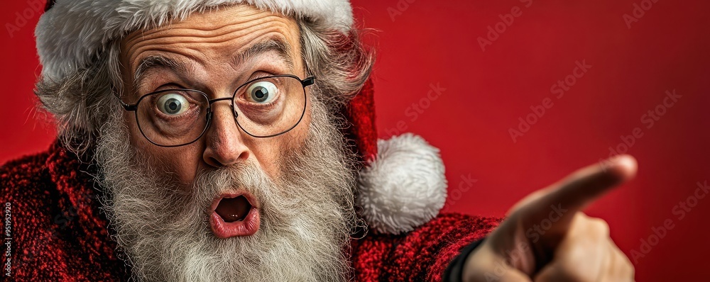 Santa Claus points his finger with a shocked expression on his face ...