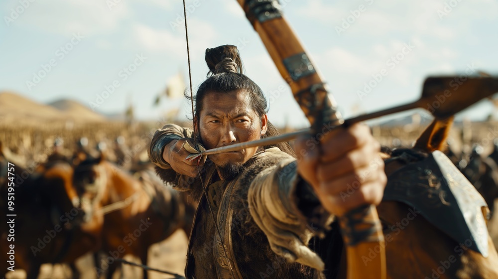 Mongol Archer Aiming a Bow in a Historical Battle Scene on the ...