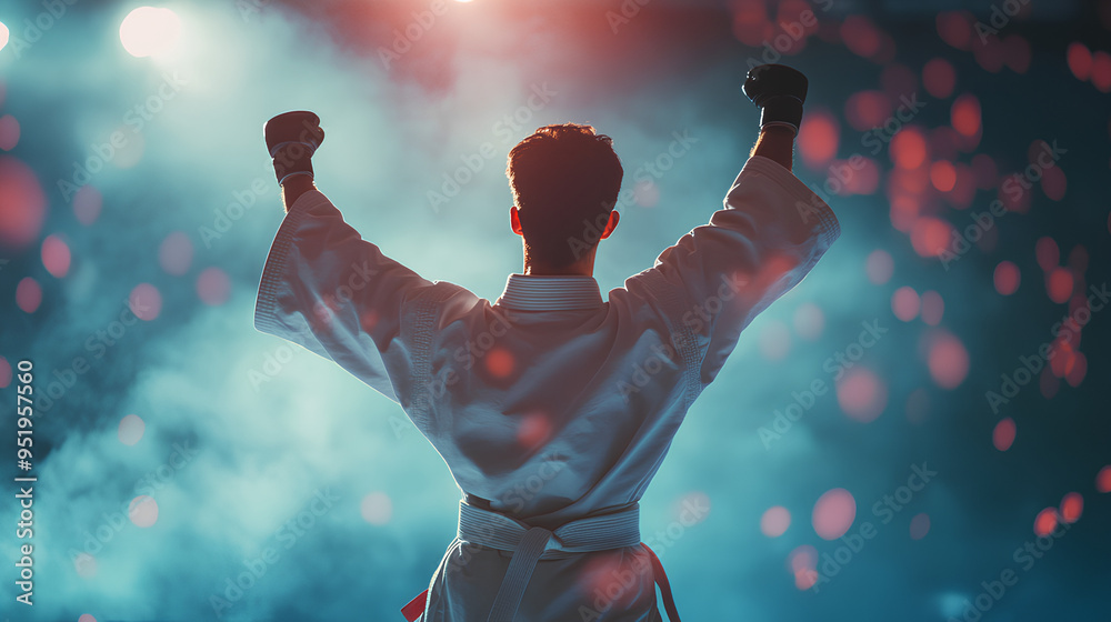 karate athlete raises his arms proudly after becoming an Olympic ...