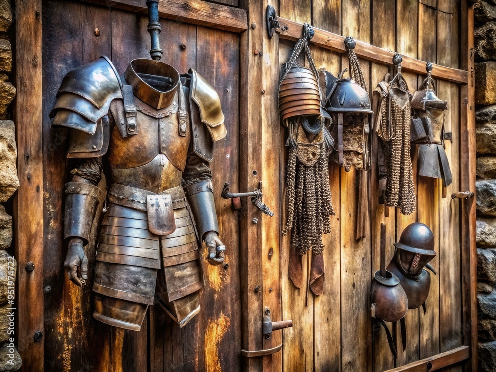 layers of worn wooden armor hang from a rustic wooden door symbolizing ...