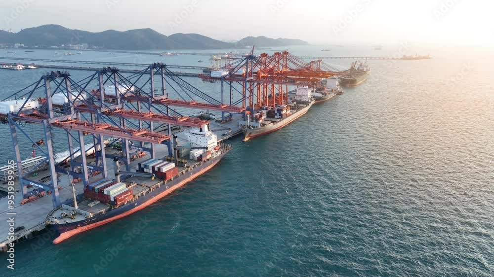 crane loading cargo container from truck to container ship in the ...