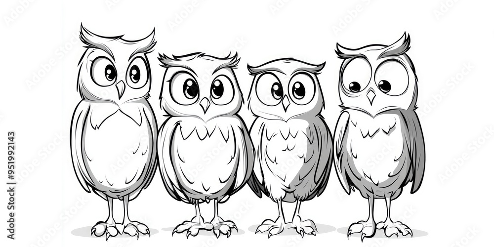 In a delightful display, four cartoon owls stand together, each ...
