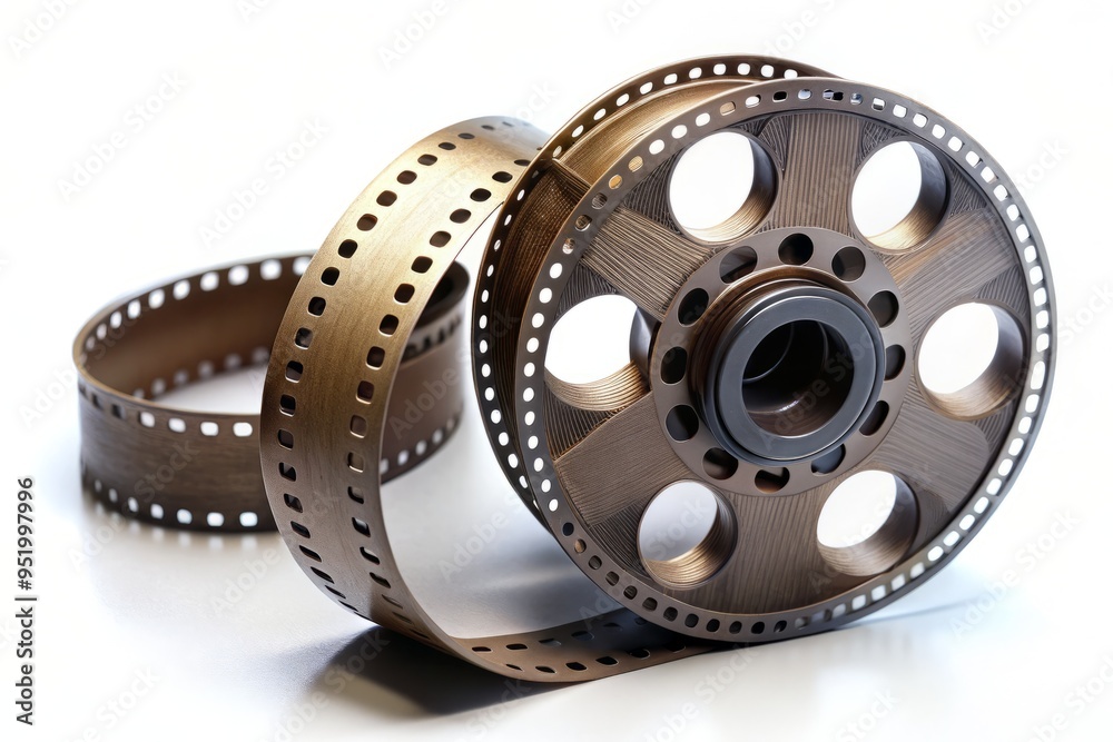 A worn film reel unwinds slowly, its sprocket holes like teethmarks on ...