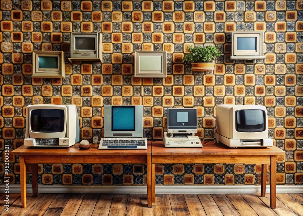 Retro-inspired patterns on vintage computers, cassette tapes, and brick ...