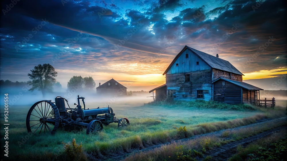 mysterious farm scene with old farmhouse silhouette against dark moody ...