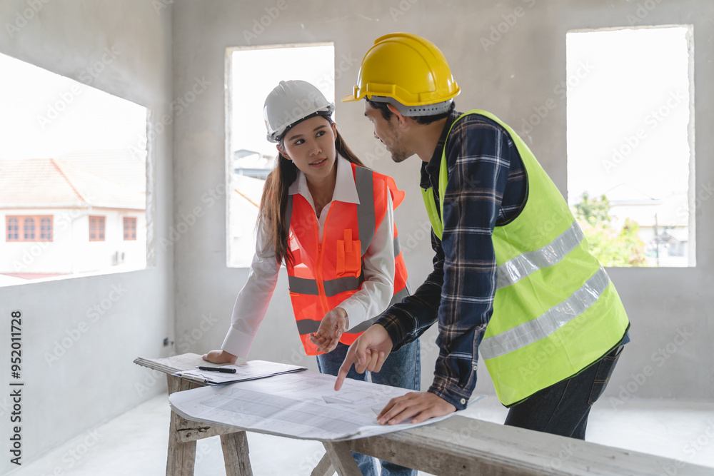 Concept Teamwork of building construction staff. Project engineer ...