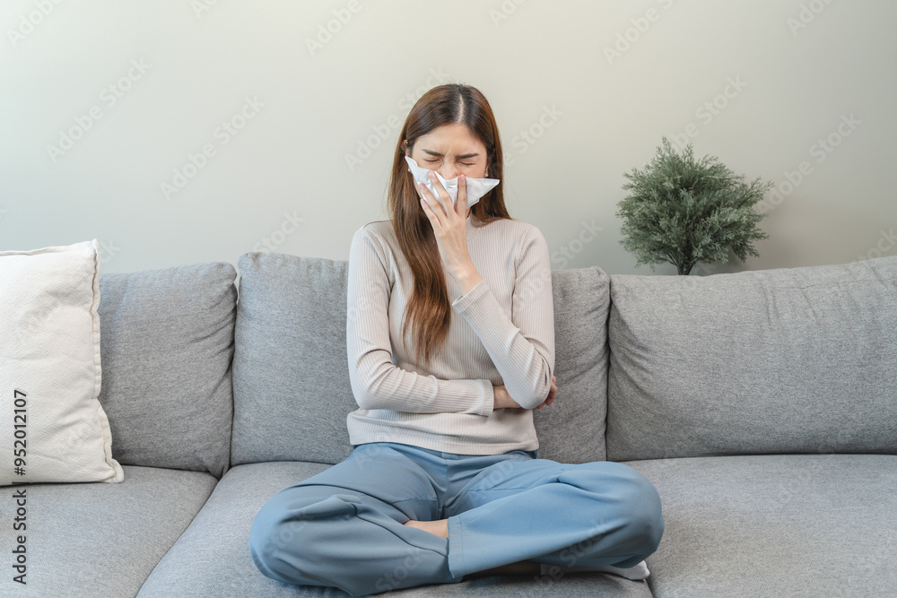 Female unhealthy Sickness, asian young woman, girl unwell and coughing ...