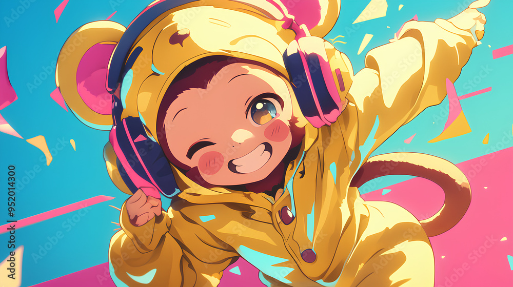 cute monkey character wearing anime onesie costume, anime style, cute ...