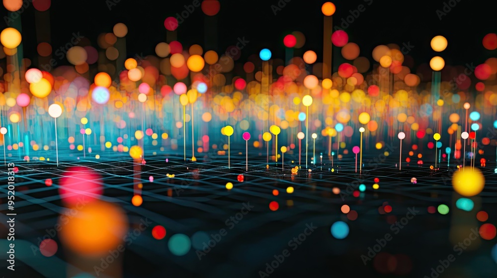 A close-up of a 3D scatter plot with data points floating above a grid, using different colors ...