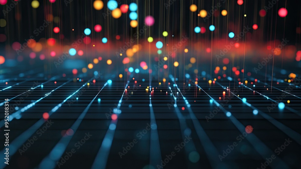 A close-up of a 3D scatter plot with data points floating above a grid, using different colors ...