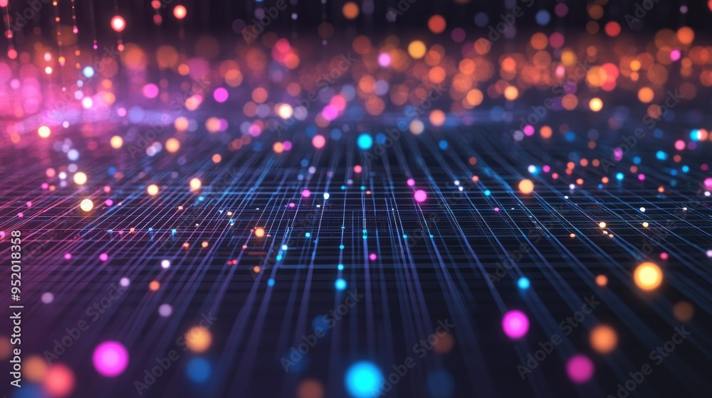 A close-up of a 3D scatter plot with data points floating above a grid, using different colors ...