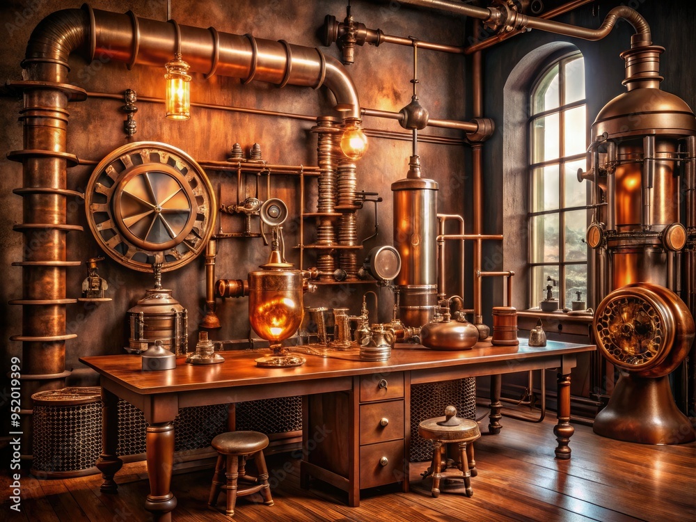 Steampunk-inspired laboratory with vintage scientific equipment, copper ...