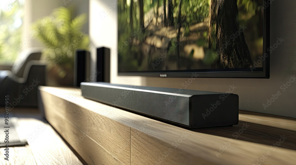A close-up of a soundbar speaker, with its slim design and subtle ...