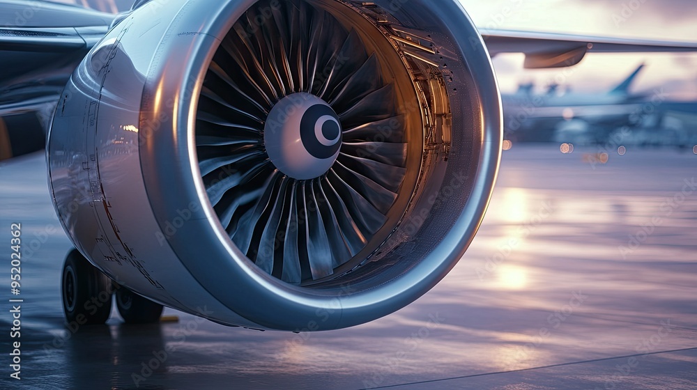 A close-up of an airplane's powerful jet engine, with intricate details ...