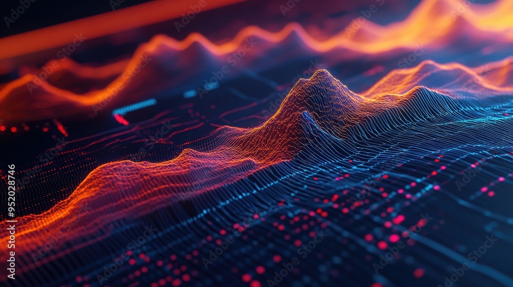 A detailed shot of a 3D surface graph on a screen, with a topographic ...