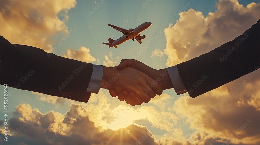 Handshake with dramatic sky and descending airplane symbolizes global ...