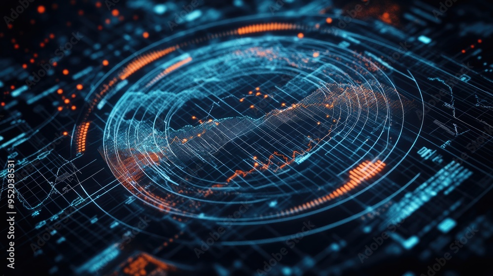 A top-down view of a 3D radar chart with multiple axes and data points ...