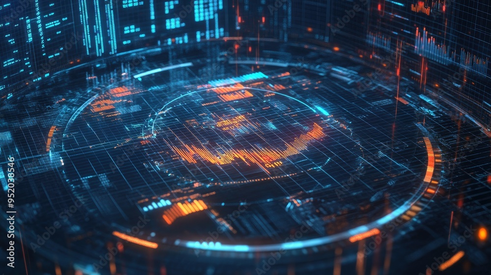 A top-down view of a 3D radar chart with multiple axes and data points, showing financial ...