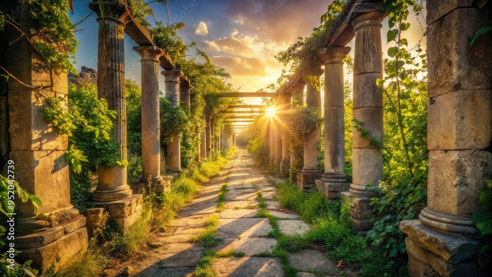 forgotten cracked pathway overgrown with vines leading to ancient Greek ...