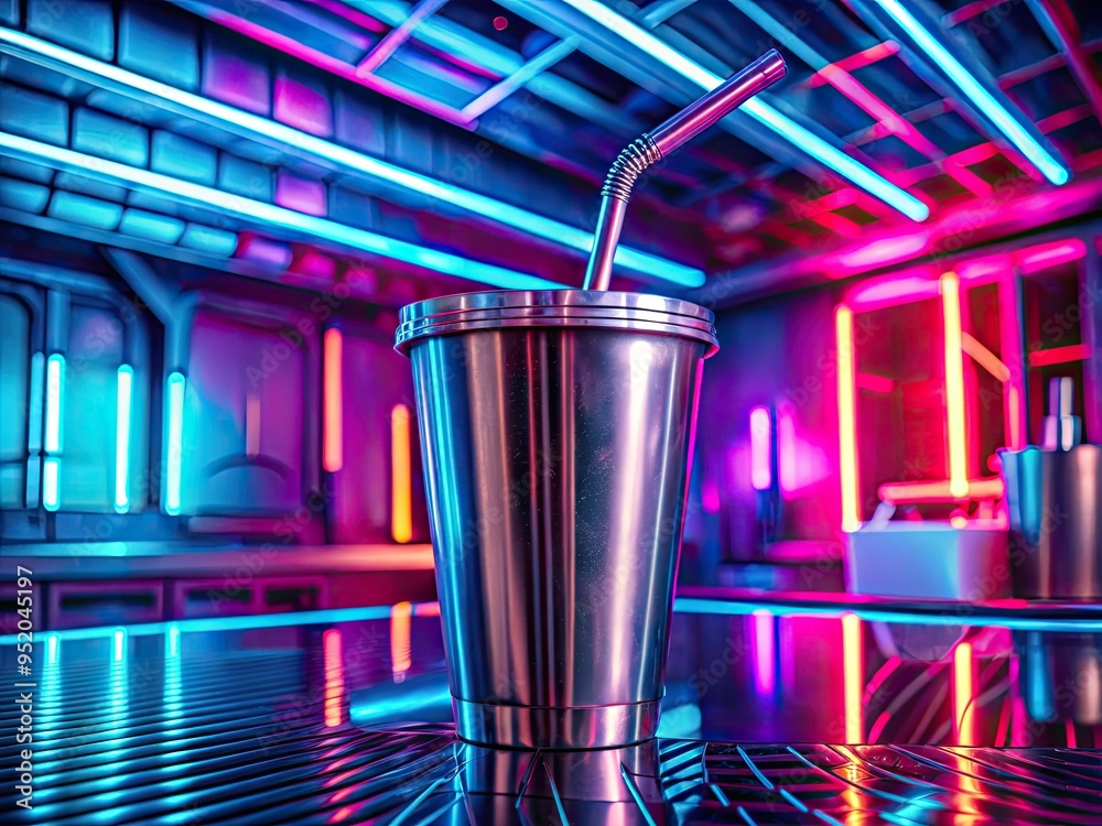 futuristic sci-fi metallic straw in a space-age polymer cup on a neon ...