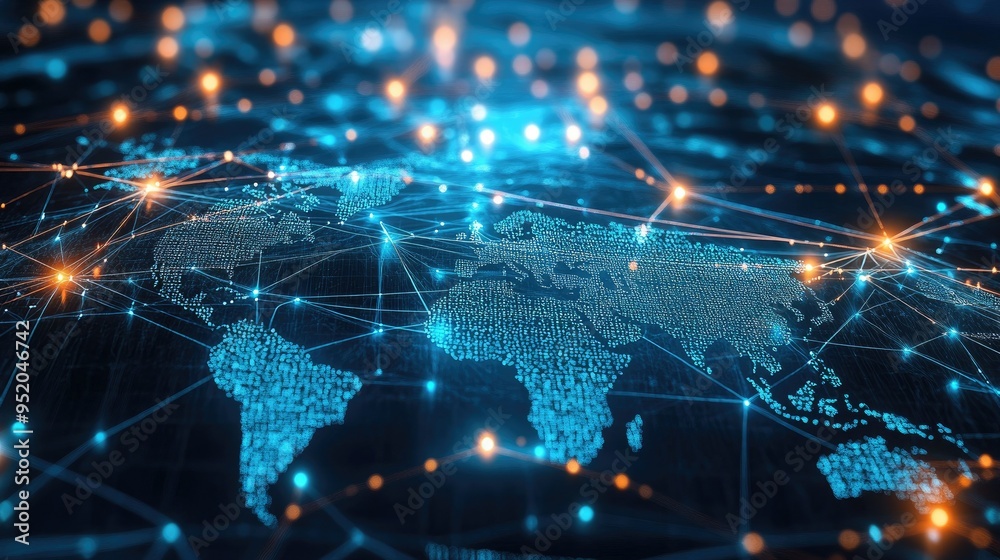 Web technology connections interface with a global network map. Digital ...