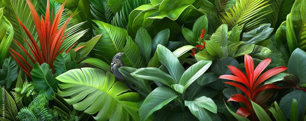 Vibrant layers of Amazon rainforest canopy with diverse flora and fauna ...