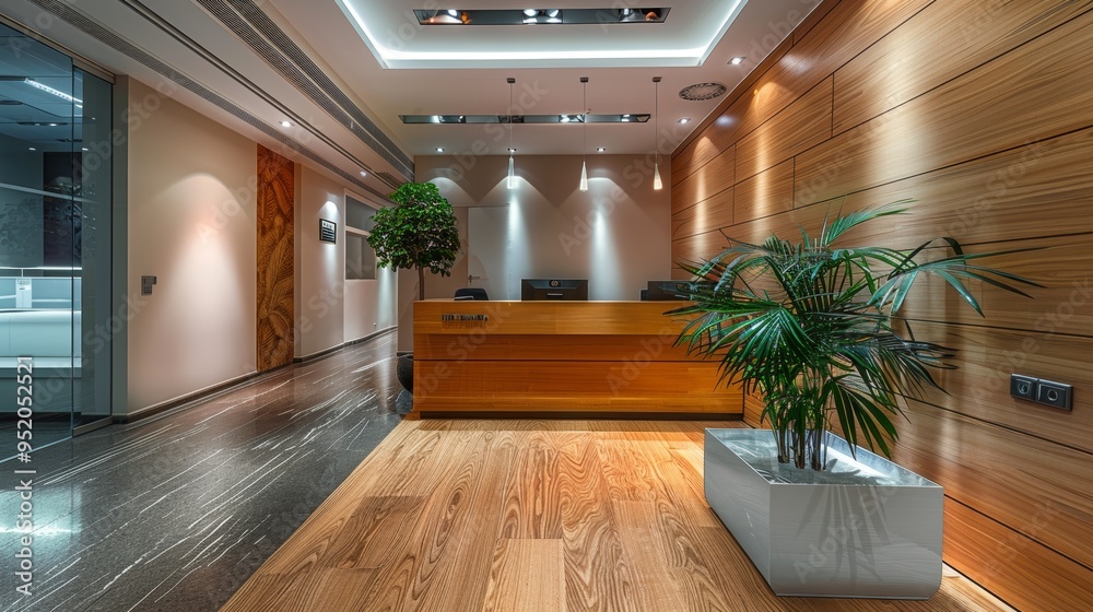 Foto de Modern office reception area with sleek wooden panels, potted ...