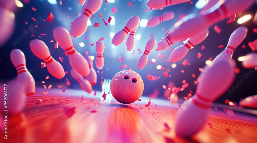 Pink bowling ball and pins in mid-air with pink and red confetti ...