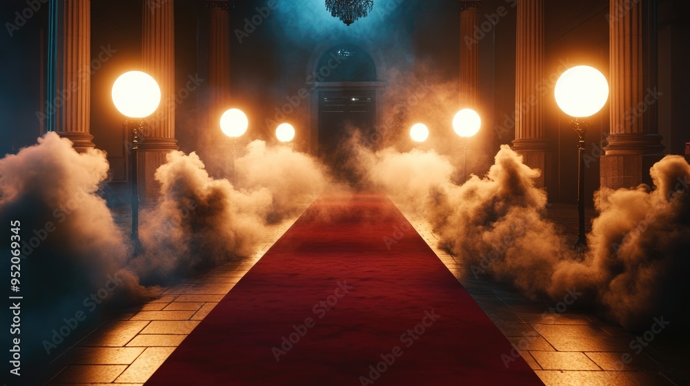 A glamorous red carpet scene with smoke swirling and spotlights shining ...