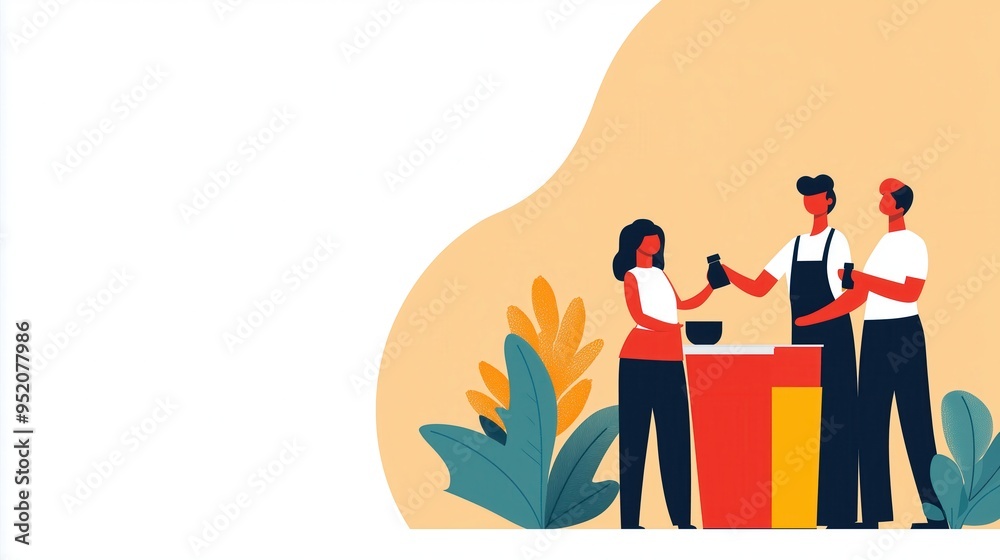 Three people collaborate in a kitchen, showcasing teamwork and ...