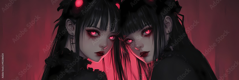 Cute Romantic Girls Kissing in Horror Themed Anime Manga Art Style ...