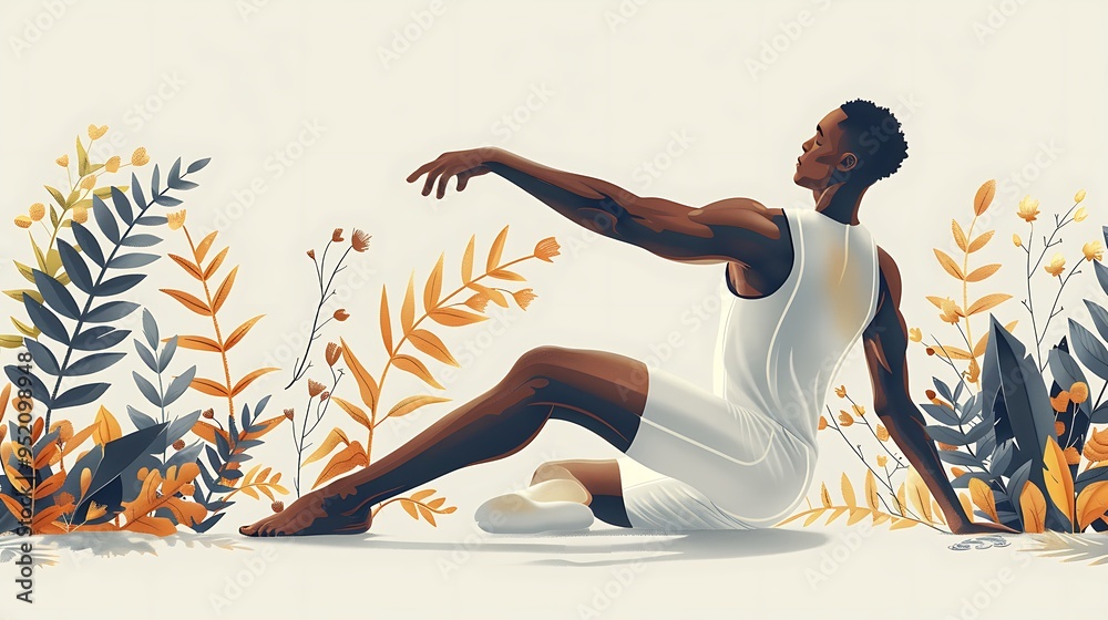 A detailed illustration of a man stretching before a workout, with a ...