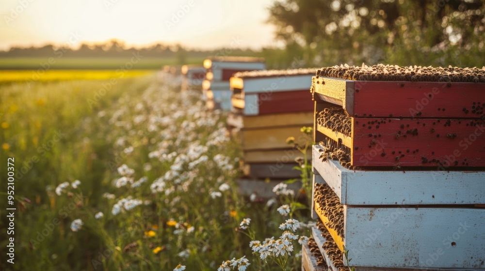 A clean and modern bee farm where automated systems optimize hive ...