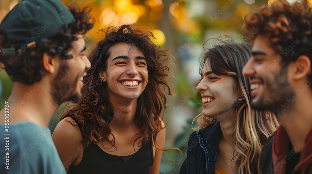 Group of joyful friends laughing together at a scenic park captured in ...