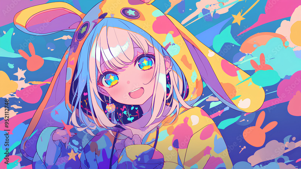 cute rabbit character wearing anime onesie costume, anime style, cute ...