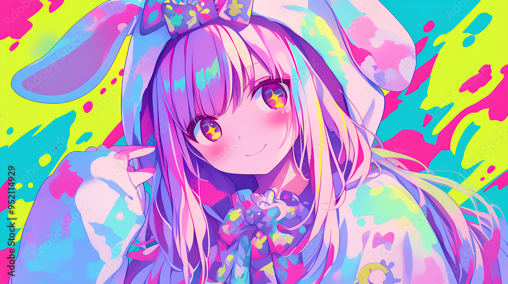 cute rabbit character wearing anime onesie costume, anime style, cute ...