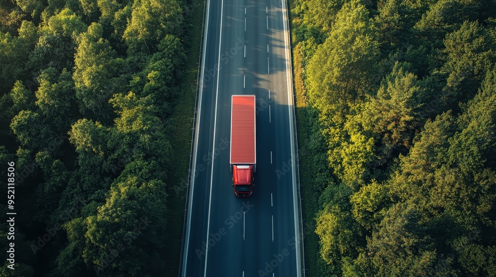Top view of a semi-truck on a major highway with surrounding terrain ...