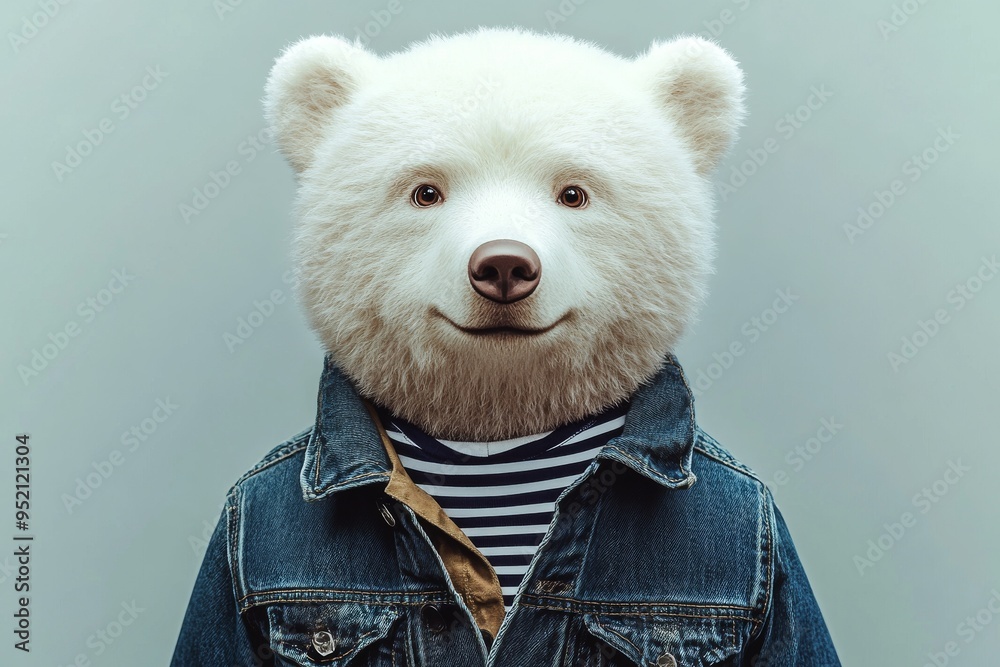white bear, fluffy fur, wearing a dark blue and white striped shirt ...