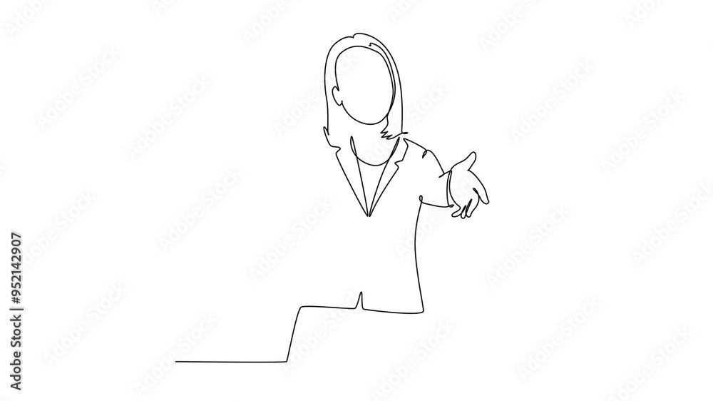 Animated self drawing of continuous line draw of young happy female ...