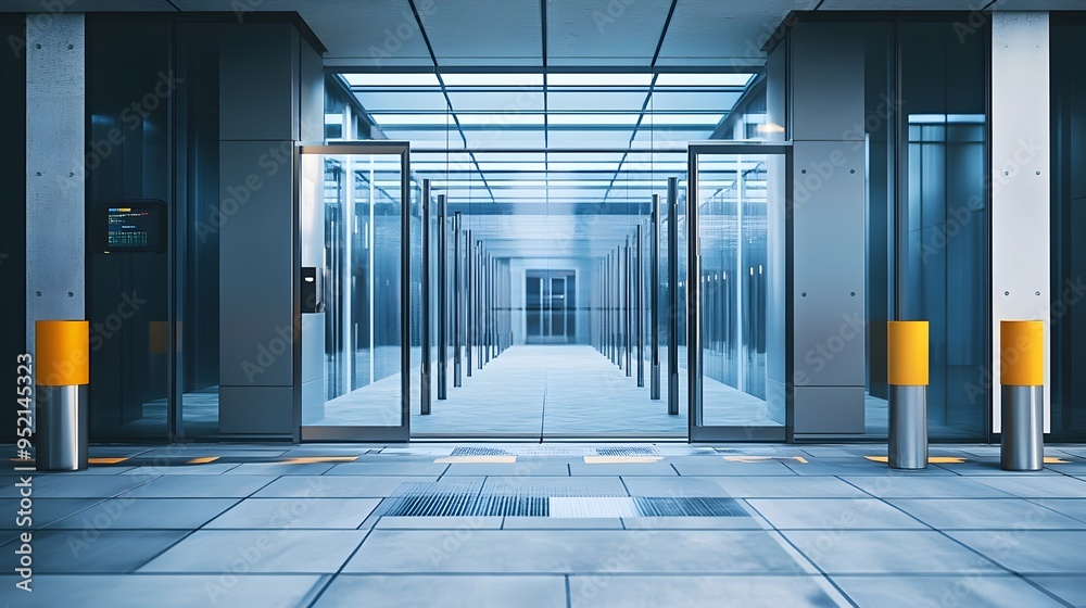 Photograph of a data center facility with physical security barriers ...