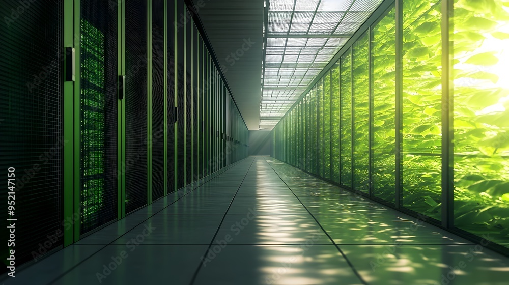 Photograph showcasing a modern green data center that utilizes natural ...