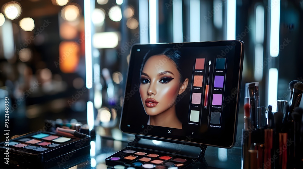 A photograph showcasing a digital makeup application simulator ...