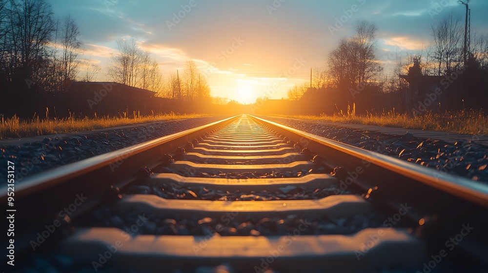 Railway tracks stretching into the distance, bright sunlight, golden hour glow, clear blue sky ...