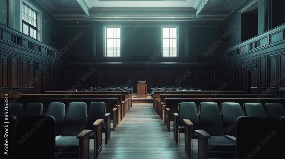 Juror seats stand empty in a solemn courtroom, ready for the process of ...
